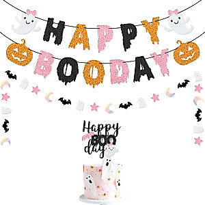 Orange Pink and Black Happy Boo Day Banner Happy Boo Day Cake Topper for Pink and Black Girl Halloween Birthday Party Girl Spooky Birthday Decorations
