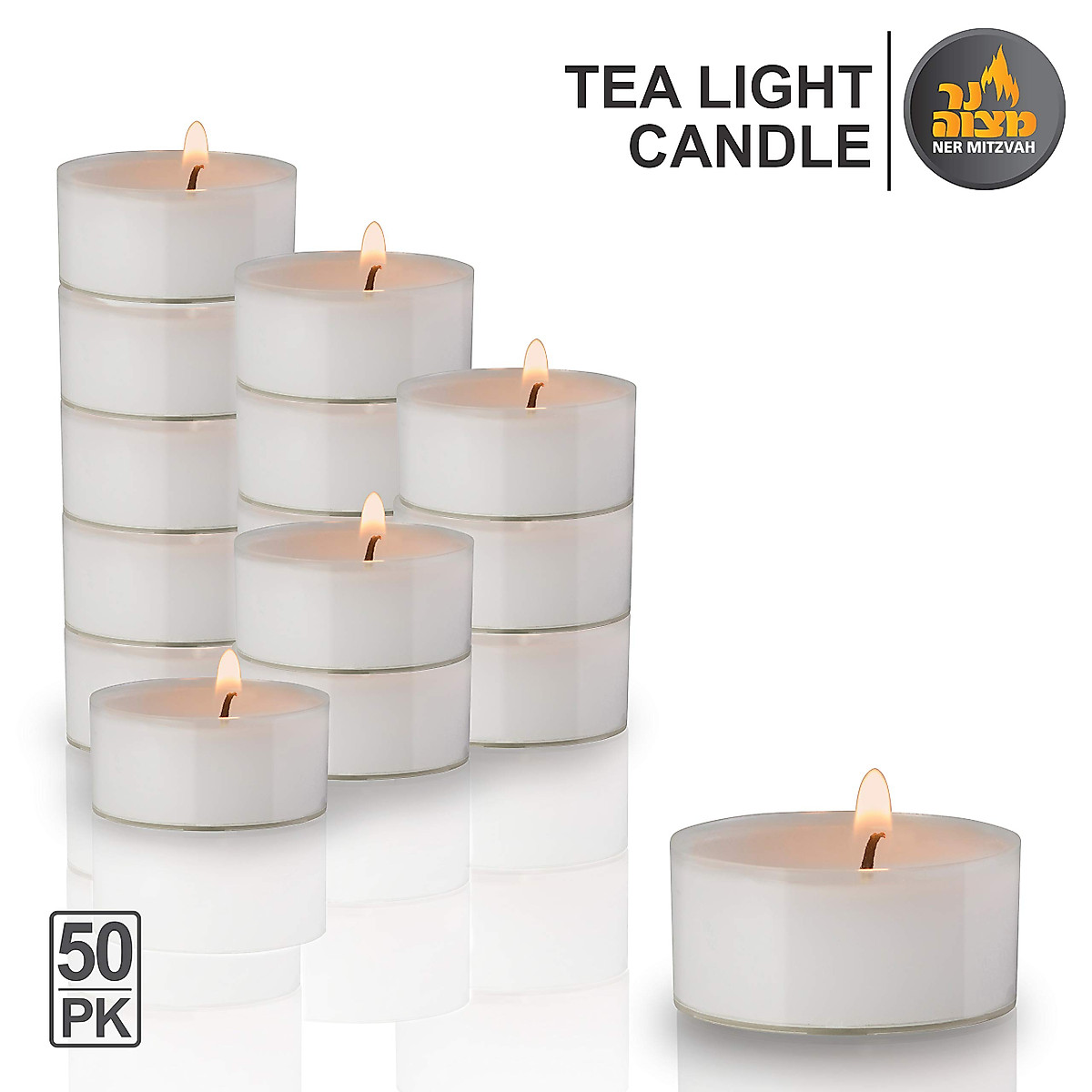 Ner Mitzvah Tea Light Candles - 50 Bulk Pack - White Unscented Tealight Candles in Clear Cup - Long Burning - 4.5 Hour