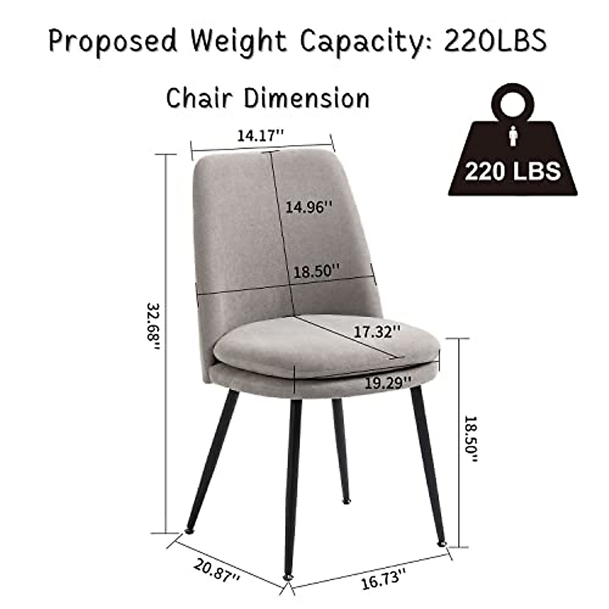 DRAGON GATE Modern Upholstered Dining Chairs Set of 2 with Seat Cushion, Armless Side Chair with Metal Legs for Dining Room Kitchen, Living Room (Fabric Light Gray 2PCS)