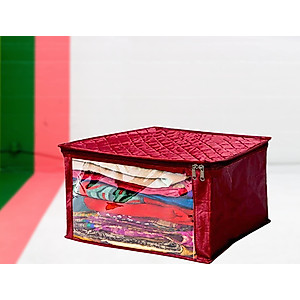 atorakushon Satin Fabric Foldable Garments Saree Blouse Cover Bag Pouch Closet Wardrobe Organizer With Clear Window Zipper Lock Pack of 3 (Maroon)