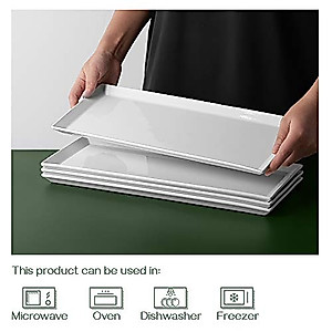 DOWAN 14.5" Rectangular Plates Set of 4 - Long Serving Trays for Sushi, Pasta, Chips, Appetizer, Cake - White Ceramic Rectangle Platter for Party, Restaurant, Banquet - Dishwasher & Oven Safe