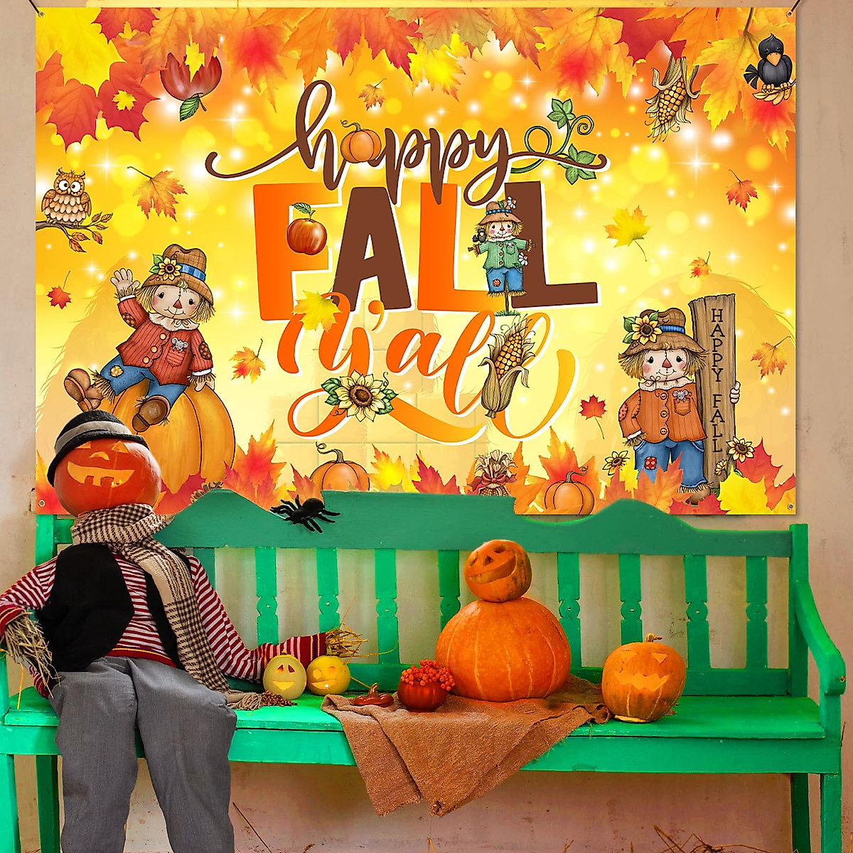 Happy Fall Y'all Backdrop-Scarecrow Party Decorations Thanksgiving Maple Leaves Pumpkin Banner Photo Background for Autumn Decor