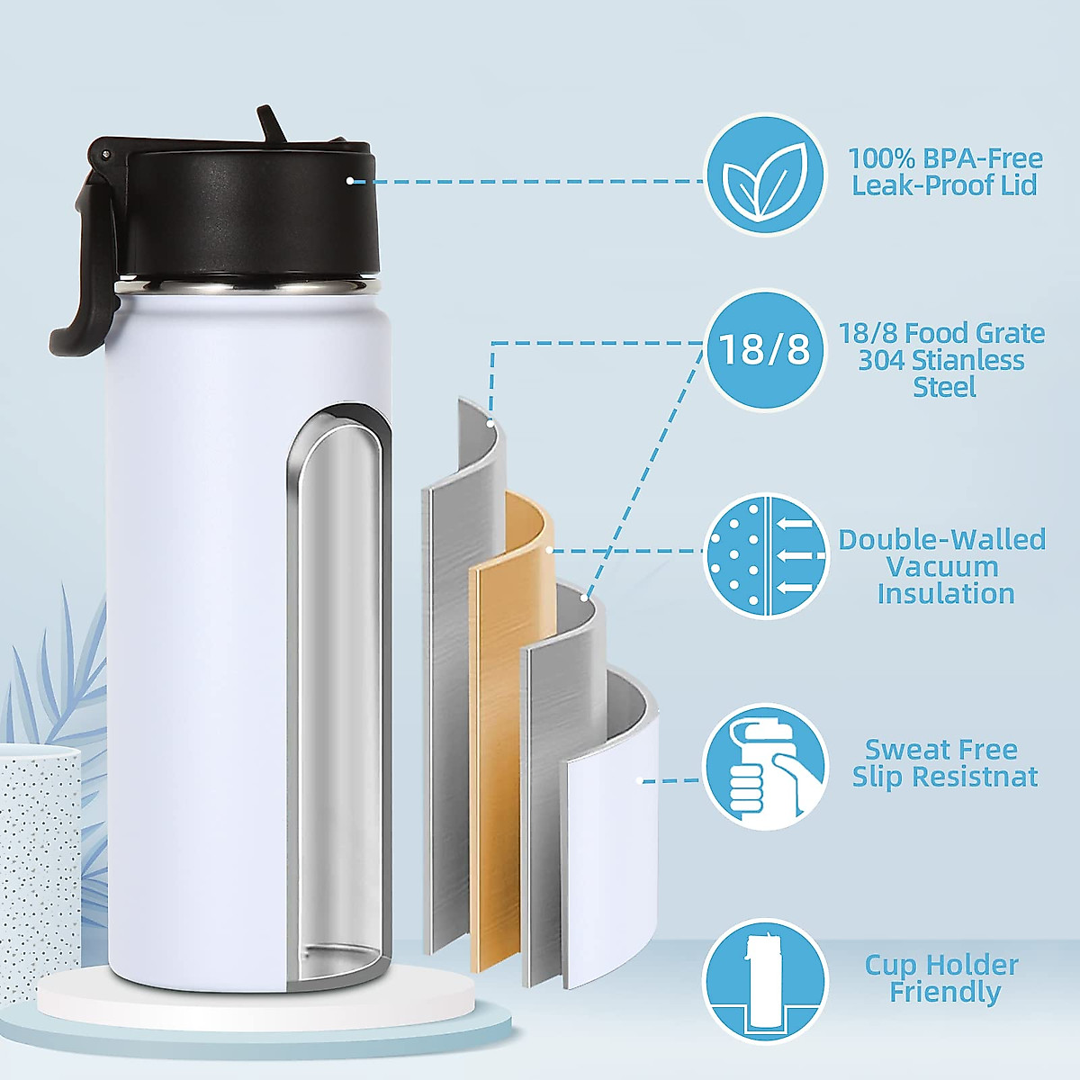 Volhoply 18oz Insulated Water Bottle Bulk 2 Pack,Kids Stainless Steel Water Bottles with Straw Lid,Double Wall Vacuum Metal Thermos Bottle,Wide Mouth Reusable Sports Flask For Cold Drink(White,2 Set)