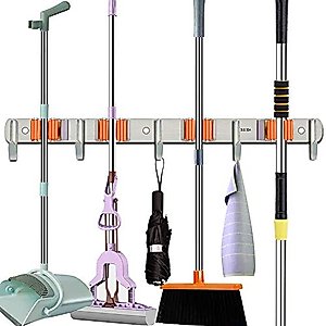 Broom Mop Holder Wall Mount Garage Storage Stainless Steel Heavy Duty Tools Hanger with 4 Racks 5 Hooks