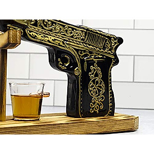 Hand Painted Pistol Whiskey & Wine Decanter by The Wine Savant - Pistol Whiskey Gun Decanter & 2 Bullet Shot Glasses - Military Gifts, Veteran Gifts, Law Enforcement Gifts, Home Bar Gifts, Drinking