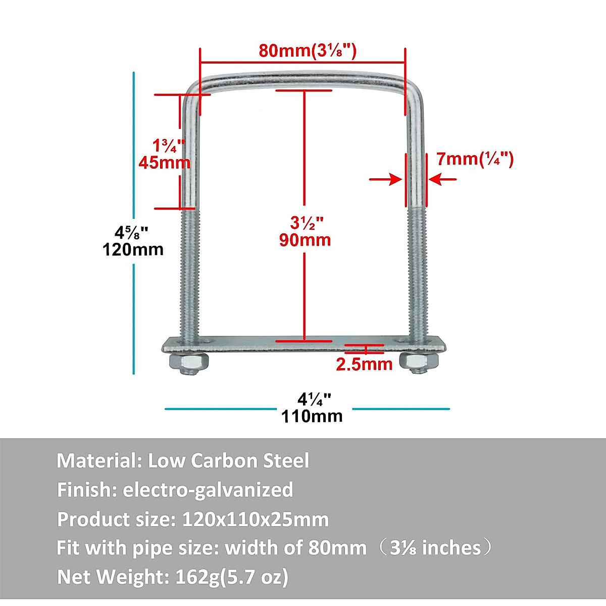 10 Pcs Square U-Bolts 3-1/8" Inner Width, Galvanized Steel Square Trailer U-Bolts, Square Bend U-Bolts, U Clamps, Adjustable Length:45mm-90mm(1-3/4" - 3-1/2")