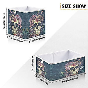 Floral Sugar Skull Collapsible Fabric Storage Cubes Bins with Handles Square Closet Organizer Waterproof Lining for Home Office Bedroom 11.02x11.02x11.02 Inches