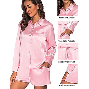 SWOMOG Casual Pink Outfits Button Down Pajamas Pjs Women's Silk Satin Long Sleeve Shirts and Shorts 2 Piece Lounge Sets