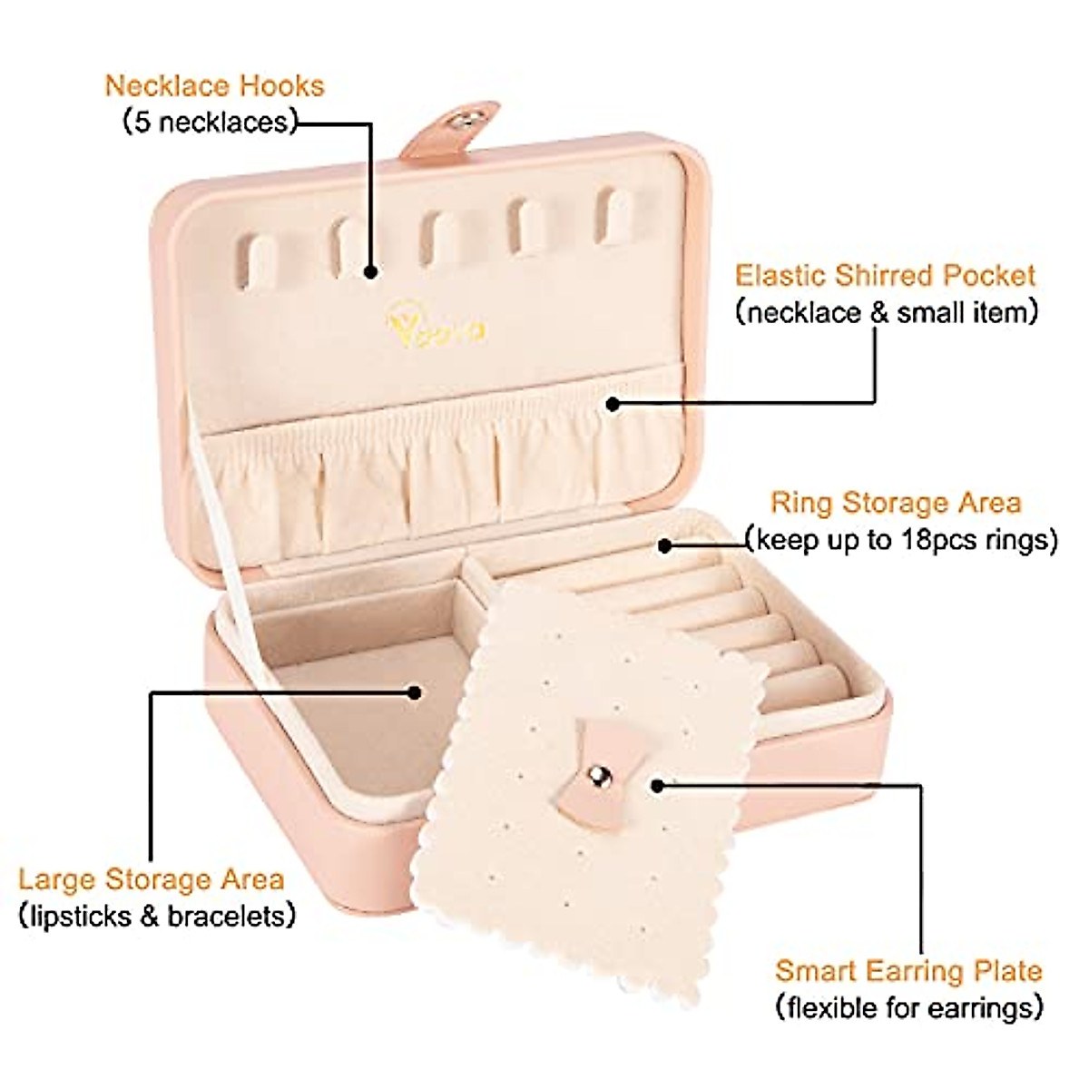 Voova Small Jewelry Organizer Box, Travel Jewelry Case for Women Teen Girls, Mini PU Leather Portable Jewellery Storage Boxes Holder with Smart Earrings Plate for Necklaces Rings Bracelets, Pink