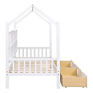 P PURLOVE Twin Size Daybed with Storage Drawers,Kid House Bed Frame with Storage Shelf and Roof for Kids,Girls,Twin Wood Montessori FloorBed with Roof and Fence for Girls, Boys,White