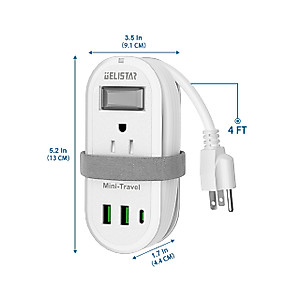 Travel Power Strip with USB Outlet,Travel Small Surge Protector Power Strip with 4ft Around Extension Cord 2 Outlets 2 USB Ports 1 USB C Outlet, Essentials for Travel Office Desk Cruise Vacation