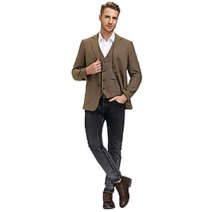 Men's Irish Wool Blend Blazer Notch Lapel Herringbone Tweed Sport Coat Coffee L