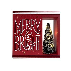 YAblue Christmas Decoration LED Lighted Merry Bright Christmas Tree Block Vintage Red Wooden Decor Farmhouse for Kitchen Bedroom Garden Outside Home 7.1 x 7.1 inch