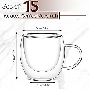 Gerrii Double Wall Insulated Coffee Mugs with Handle Glass Tea Cups Glasses Espresso Mugs Clear Glass Coffee Cups Latte Cappuccino Beer Glasses Mug (15 Pcs, 2.5 oz)