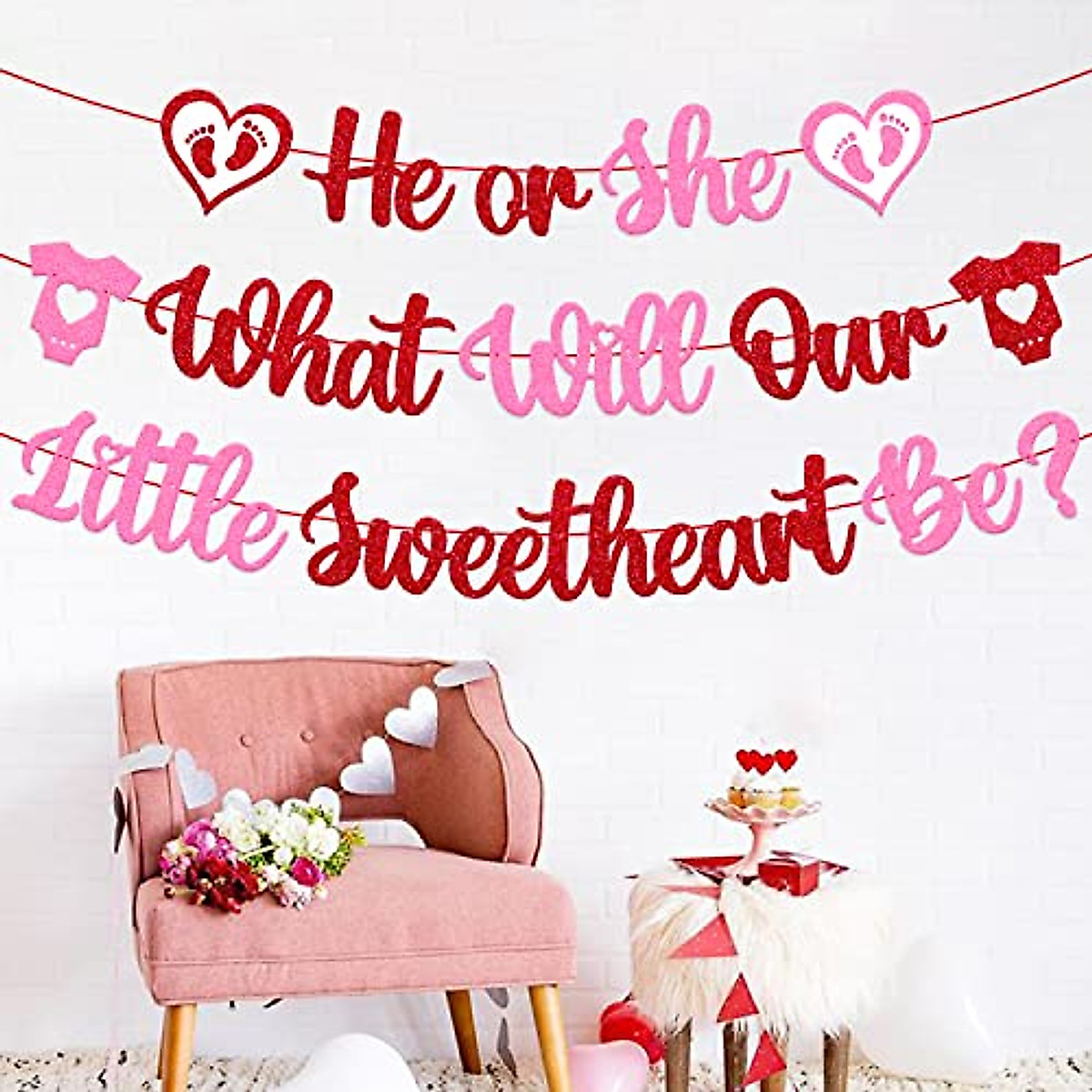 He or She What Will Our Little Sweetheart Be Banner Happy Valentine’s Day Theme Pink Red Glitter Gender Reveal Baby Shower Party Decorations Supplies