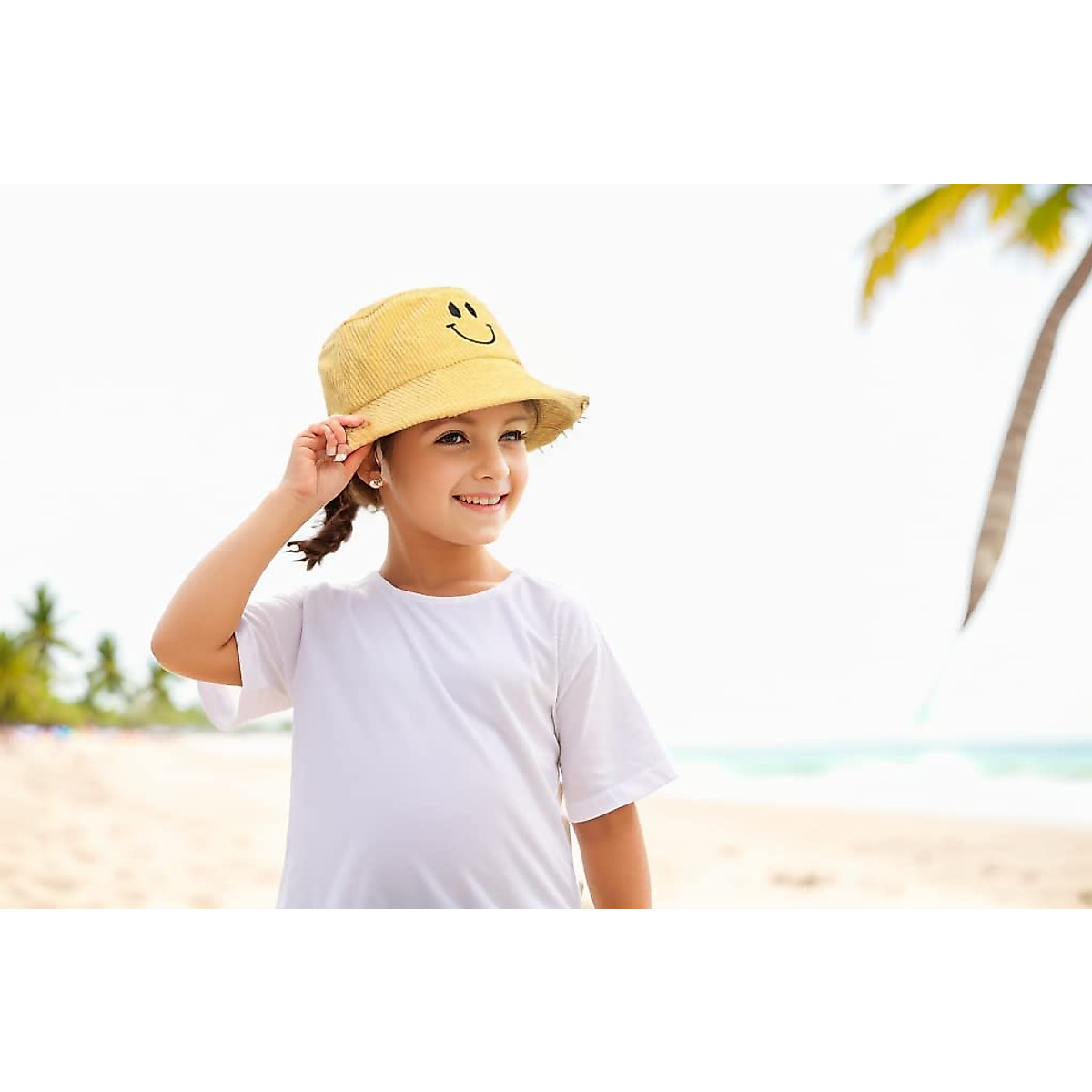 Kids Sun Hat Toddler Bucket Hat UPF 50+ Sun Protection Embroidered Corduroy Outdoor Hat Fishing Cap for 3-10 Years (One Size, Yellow)