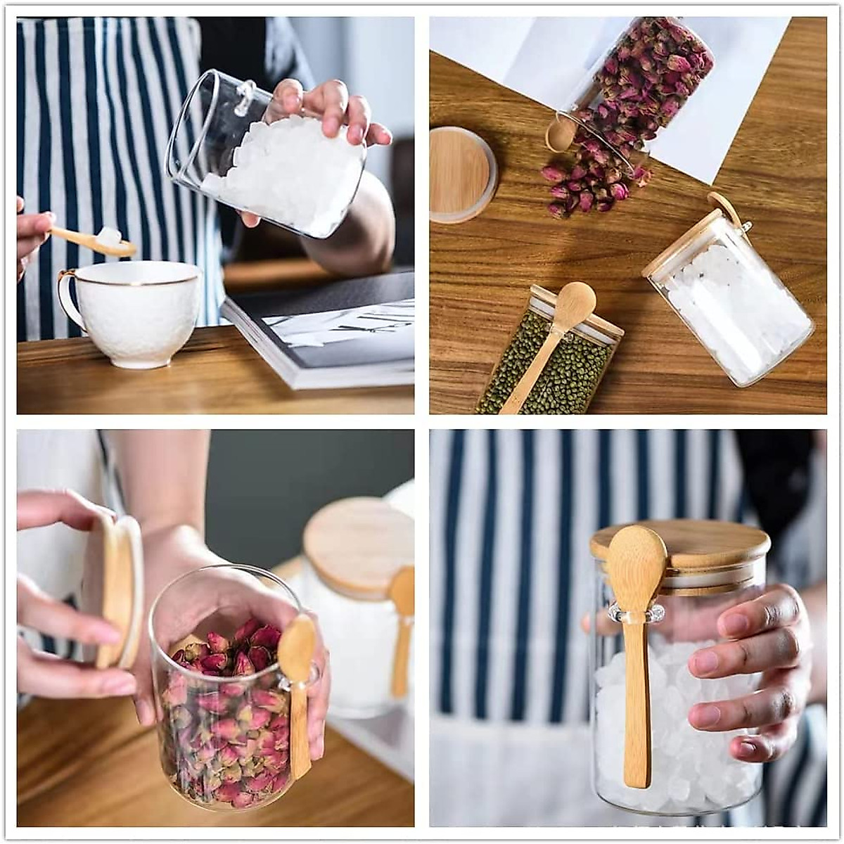 Airtight Glass Jars With Bamboo Lids And Spoons, 17oz Glass Canisters With Lid For Spice Beans Tea, Sealed Sugar Container, Glass Coffee Containers, Food Jars Canisters, Kitchen Accessories (4pcs)