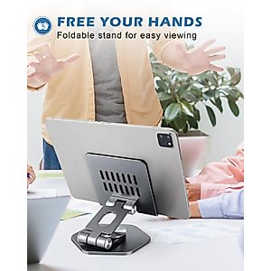 SOJUNER Tablet Stand Holder for Desk, Swivel iPad Stand with 360 Rotating Base, Aluminum Foldable Desktop Stand Holder Compatible with All Tablet Such as iPad Pro 12.9,11,10.5,9.7, Grey
