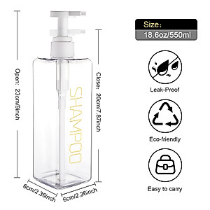 Shampoo and Conditioner Dispenser Shower Soap Bottles 3 Pack 550ml/18.6oz Refillable Shampoo Pump Bottle Dispenser Plastic Empty Body Wash Dispensers with Stylish Permanent Labels for Bathroom (Clear)