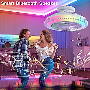 EIDEARAY 20" Low Profile Ceiling Fan with Light Bladeless RGB Ceiling Fans with Bluetooth Speaker 6 Wind Speeds Flush Mount Fan Light with Remote Control & App for Bedroom Living Room Dining Room