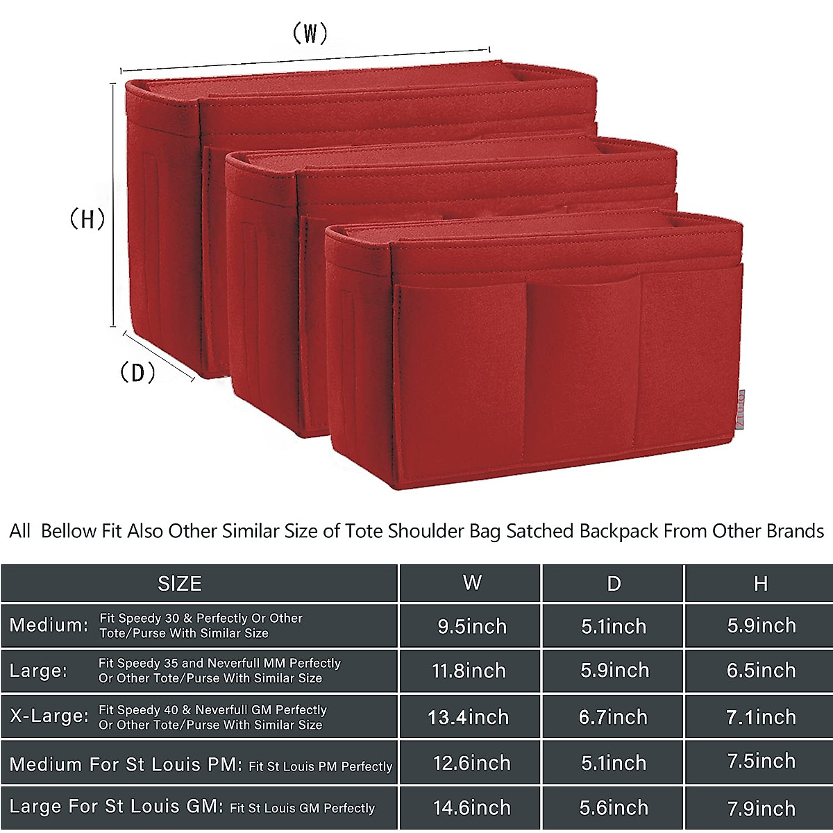 Purse Organizer Insert,Felt Bag Organizer with NEW Detachable Zipper cover, fits, St Lious, Tote and handbag shaper (Medium, Red)