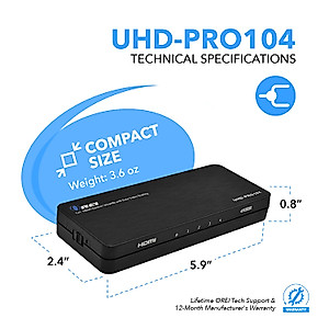 OREI 4K HDMI Splitter 1 in 4 out Duplicate / Mirror 4K Screens w/ Down Scaler 4 Ports Upto 4K@60Hz 1080p & 3D Supports EDID Control, UHD-PRO104