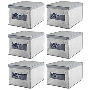 mDesign Large Fabric Stackable Closet Organizer Box with Clear Window/Lid for Bedroom, Office, Bathroom, Mudroom Organization - Shoe, Sweater, Clothes Storage, Lido Collection, 6 Pack, Gray