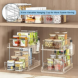 DOMNIU 2 Tier Clear Organizer with Dividers, Pantry Organization and Storage Multi Purpose Slide-Out Bathroom Organizer, Kitchen Pantry Medicine Cabniet Bins, Under Sink Organizer with Hanging Cup