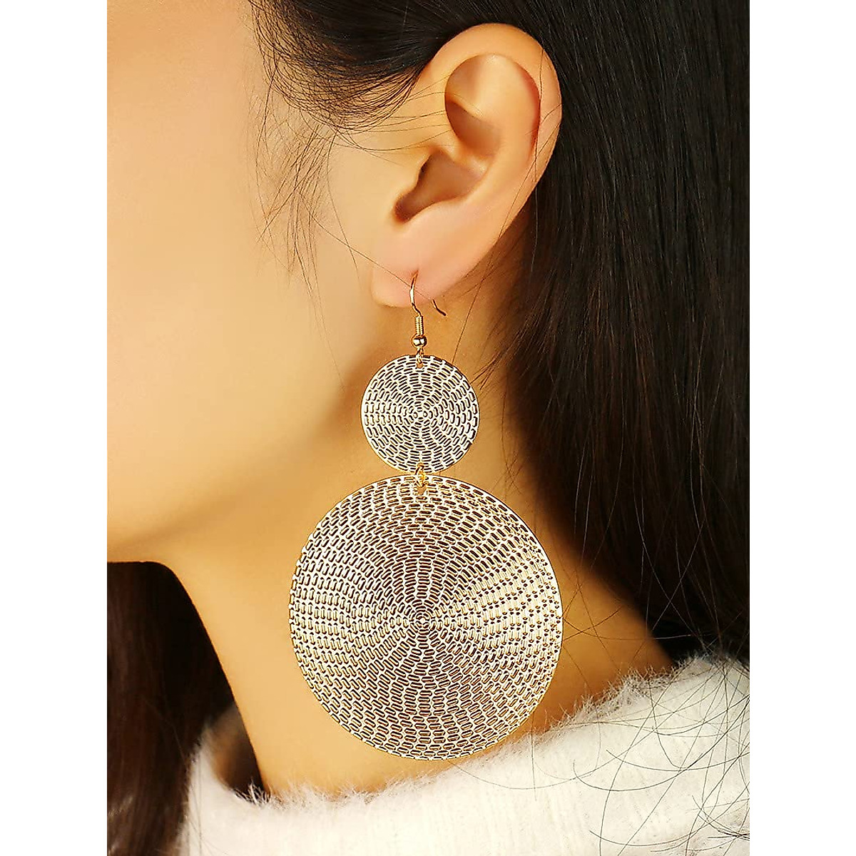 Large Double Circles Round Dangle Drop Earrings Geometric Statement Handmade Bohemian Dangling Earring Hook Studs Fashion Jewelry for Women Girls Yellow Gold (Yellow Gold)