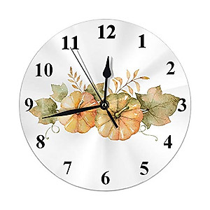 Moslion Wall Clock Watercolor Autumn Pumpkins Harvest Pattern Hand Painted Fall Plants Leaves Round Wall Clock Home Decor Wall Clock for Living Room Bedroom Kitchen Office