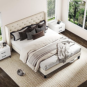 Lonkwa Queen Size Bed Frame with Upholstered Wingback, Beige Platform Bed Frame with Headboard Tufted Diamond Button, Sturdy Wooden Slats, Noise-Free, Easy Assembly