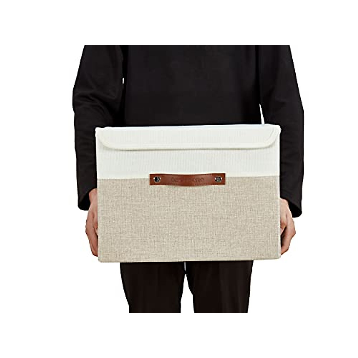 DECOMOMO Foldable Storage Bin with Lids [3-Pack] Collapsible Sturdy Cationic Fabric Storage Basket Box Container W/Handles for Organizing Shelf Nursery Linen (Beige and White, 15 x 11 x 11” – 3 Pack)