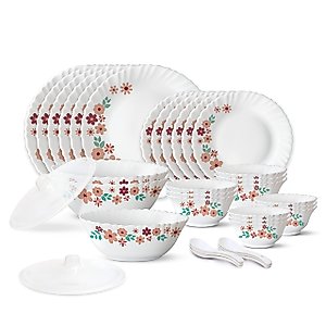 Borosil Gourmet Dinnerware Set For 6, 35 Pieces, White Dinner Plates and Bowls Sets, Chip Resistant Tempered Opal Glass, Stain Resistant, Dishwasher & Microwave Safe Dinner Set For Gifting, Serves 6