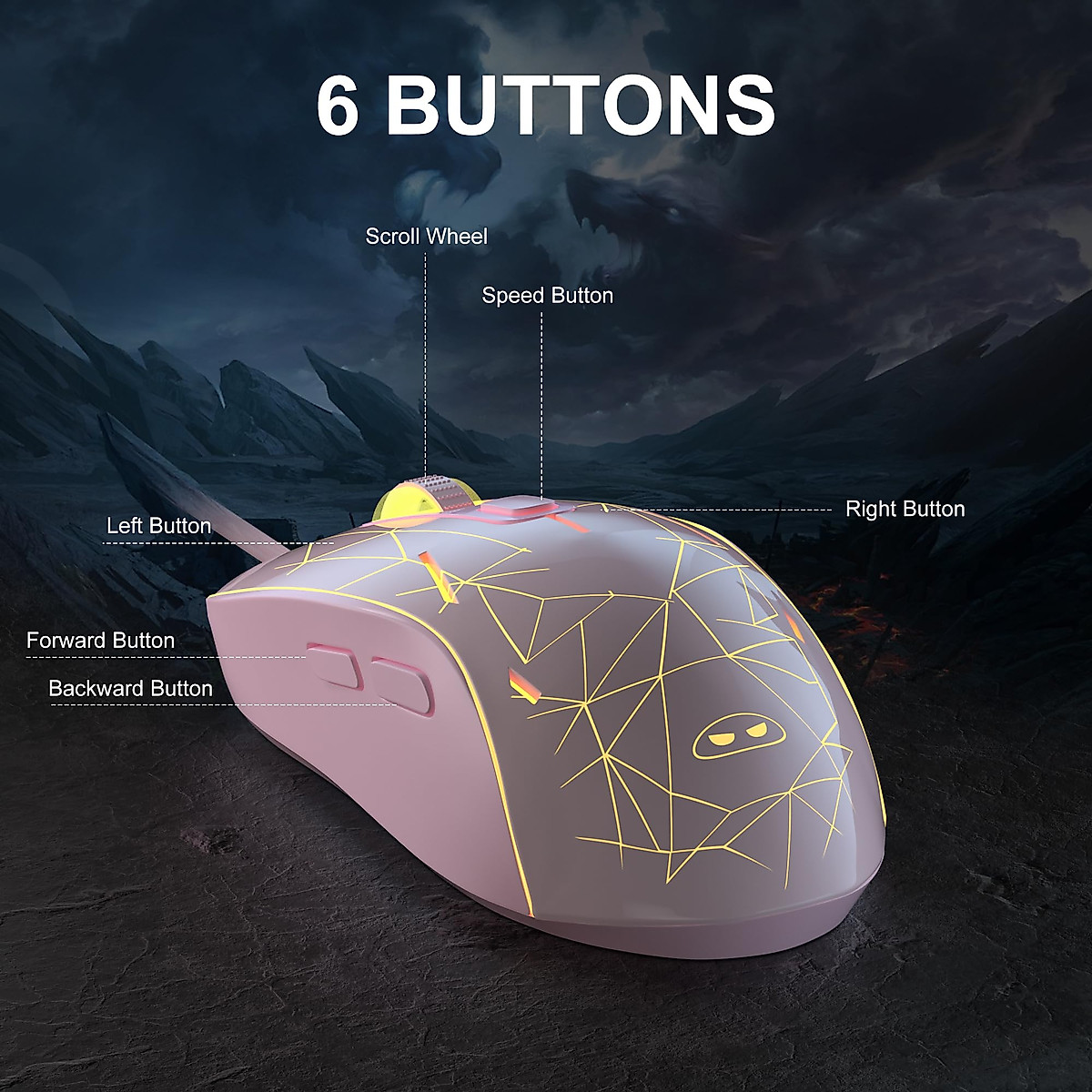 MageGee G6 Wired Gaming Mouse, Ergonomic USB Optical Mouse with 7 Colors Breathing LED Backlit, 6 Adjustable Speed Levels from 600 to 3200 for Laptop PC Computer Games & Work, Pink
