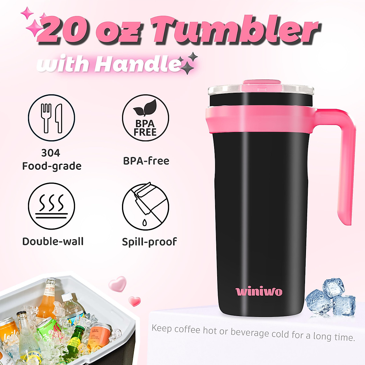 winiwo 20 oz Tumbler with Handle, Easy to Hold, Travel Coffee Mug with Screw Lid, Spill-proof, Insulated Cups, Built-in Up Down Flip, Fit Most Car Cup Holders, Commute, School, Home, Office