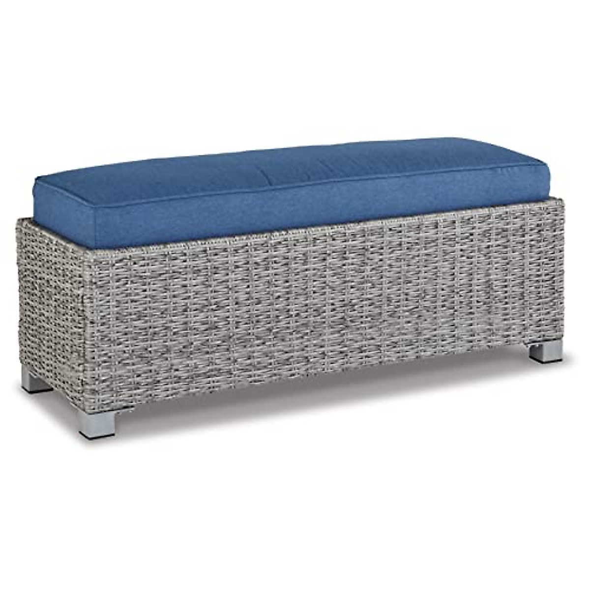 Signature Design by Ashley Naples Beach Casual Outdoor Bench with Cushion, Light Gray & Blue