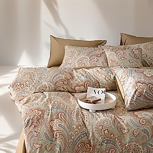 CamfortBliss Queen Duvet Cover Set Brown Paisley Bedding Set 100% Egyptian Cotton Breathable & Luxurious Duvet Covers with Button Closure, 3-Pieces 1 Duvet Cover & 2 Pillowcases