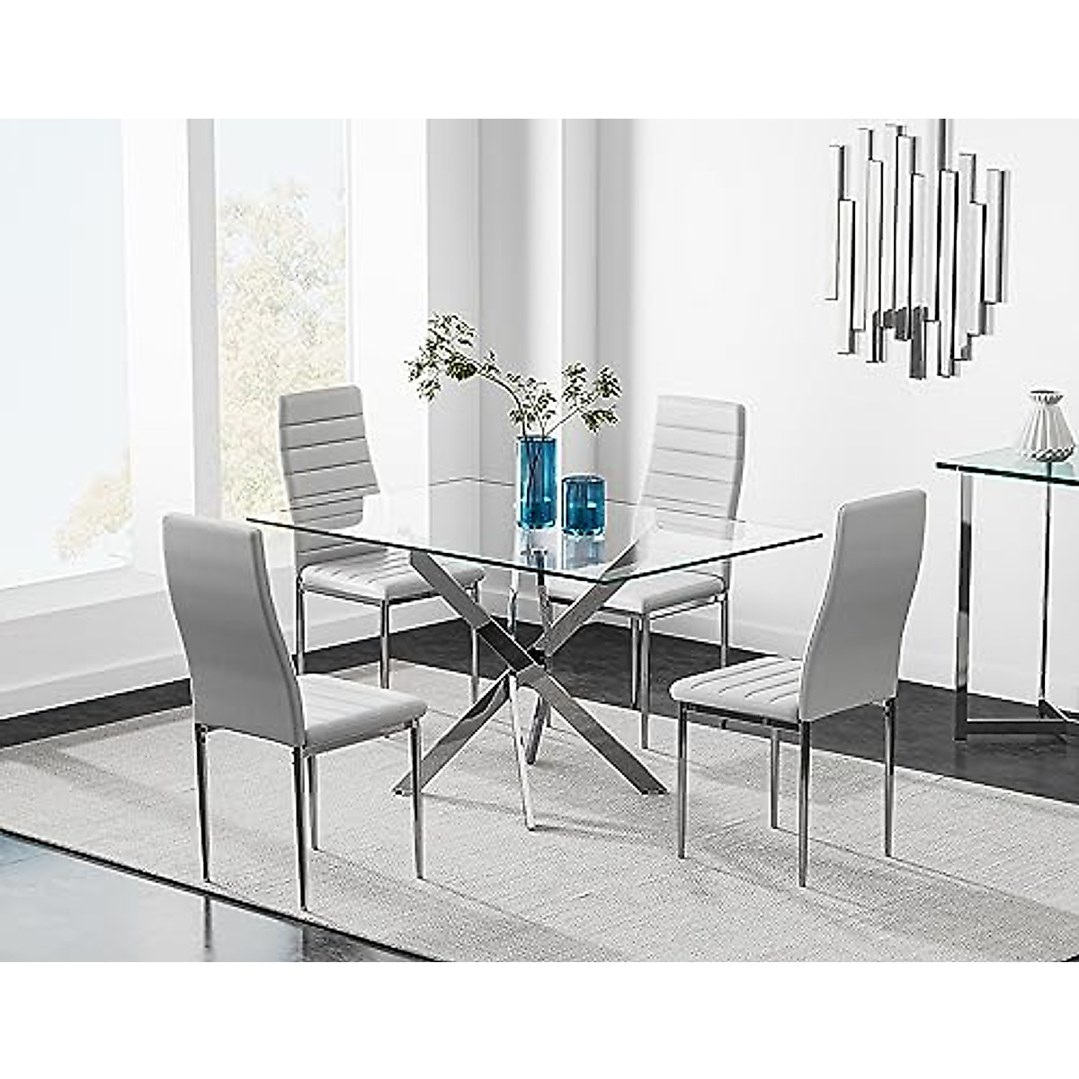NIERN Glass Dining Table Set for 4, Modern 5-Piece Rectangular Kitchen Table Set with 4 upholstered high-Back Chairs for Kitchen Dining Room (White Table with White Chair)