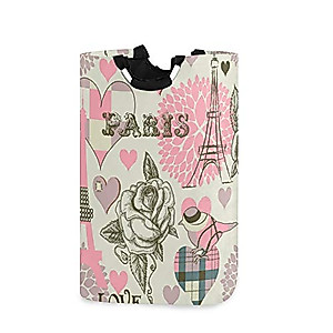 ALAZA Paris Eiffel Tower Rose Floral Heart Laundry Basket Hamper Large Storage Bin with Handles for Gift Baskets, Bedroom, Clothes