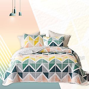 Quilt Set Bed in a bag 7 Piece Queen Size Colorful Cubes Orange Yellow Green Bedspread Coverlet with (1 Reversible Quilt 88x88, 2 Pillow Shams, 1 Flat Sheet, 1 Fitted Sheet, 2 Pillowcases)