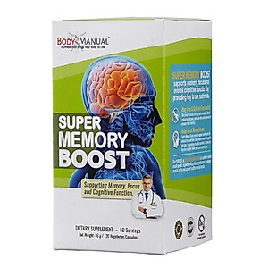 Body Manual Super Memory Boost | Enhances Brain Function & Memory | Turmeric & Pterostilbene to Reduce Inflammation | Ginkgo Biloba, Vitamin D, B5, B12, Folate (60 Serving)