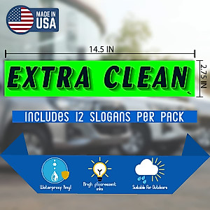 Versa Tags Windshield Slogan Stickers 12 Pack Each of Extra Clean, WE Finance, FINANCING Available, Warranty, Save (60) Window Stickers Total Dealership Stickers Black On Green