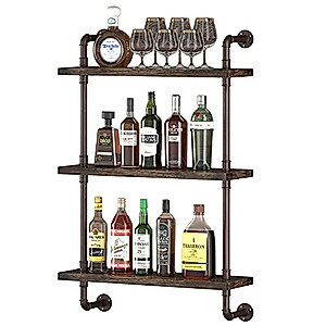 PUSDON Industrial Pipe Shelving Wall Mounted 24 Inch, 3 Tier Bathroom Floating Shelves Bronze Metal, Wood Hanging Storage Bookshelf, Heavy Duty Sturdy Rack for Home Office Garage Farmhouse Bar