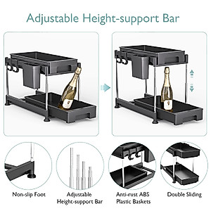 Bathroom Organizer, HEMOPLT Double Sliding Under Sink Organizers and Storage, Adjustable Height Under Bathroom Sink Organizers and Storage, Non-slip Mat Bathroom Drawer Organizers