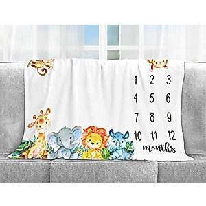 Safari Jungle Baby Monthly Milestone Blanket, Jungle Animals Milestone Blanket for New Mom, Giraffe Elephant Baby Growth Chart Monthly Blanket, Includes Marker (Blue, 50"x40")