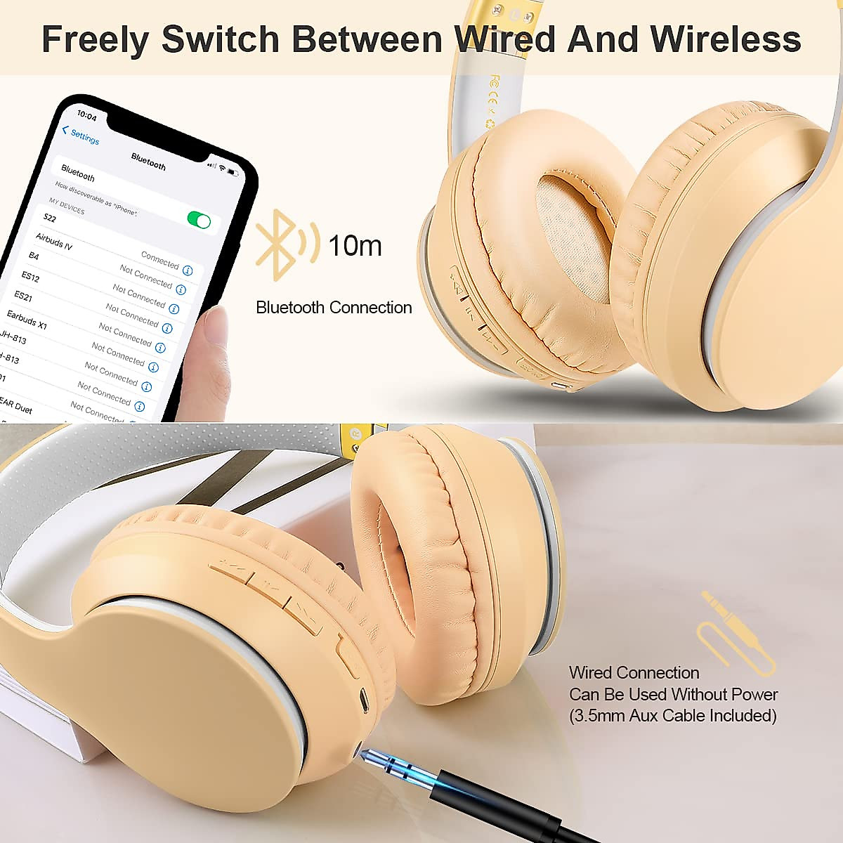 esonstyle Bluetooth Headphones Over Ear Foldable Wireless and Wired Stereo Headset with Mic Soft Earmuffs Light Weight for Phone TV PC Online Class Home Office (Apricot)