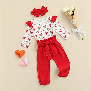 Hnyenmcko Newborn Baby Girl Valentine's Day Outfits Long Sleeve Ruffle Love Heart Print Romper Bow Pants with Headband Holiday Sets 0-24M (Red, 0-6 Months)