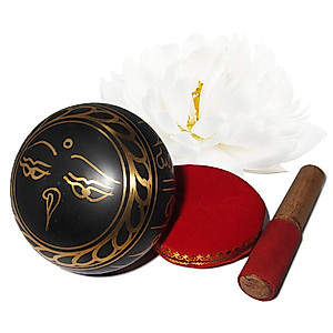 3"x5" Om Maa Padme Black & Gold Painted Tibetan Handmade Buddhist Singing Bowl Set & Wooden Striker, Great For Mindfulness Meditation, Relaxation Anxiety Relief, Chakra Healing, Perfect Spiritual Gift