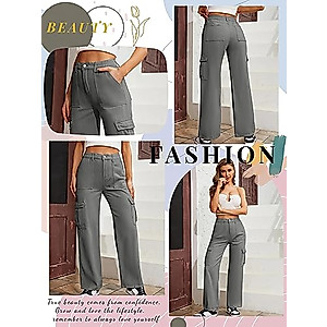 QYANGG High Waist Cargo Pants Women Stretch Baggy Cargo Pants Women Multiple Pockets Relaxed Fit Straight Wide Leg Y2K Pants Grey