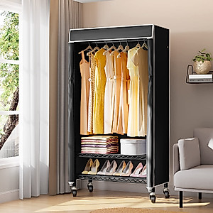 VIPEK R1C Rolling Clothes Rack with Cover Portable Closet for Hanging Clothes, Heavy Duty Garment Rack Freestanding Clothing Rack with Wheels& Hanging Rod, Black Closet Rack with Black Cover